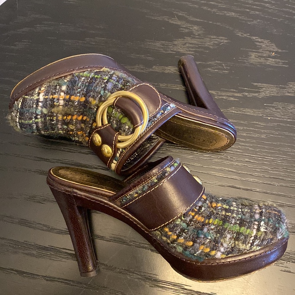 Vintage Coach Leather & Tweed Clogs - Gem